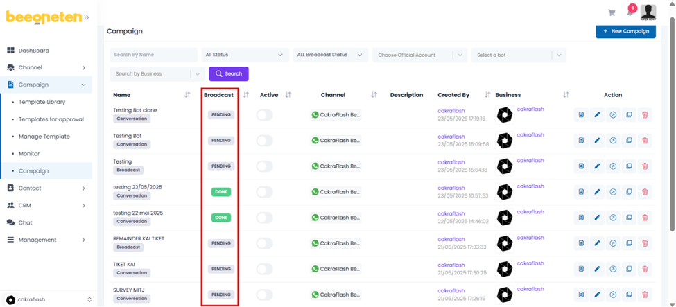 Review Bulk Campaign Status - CakraFlash!